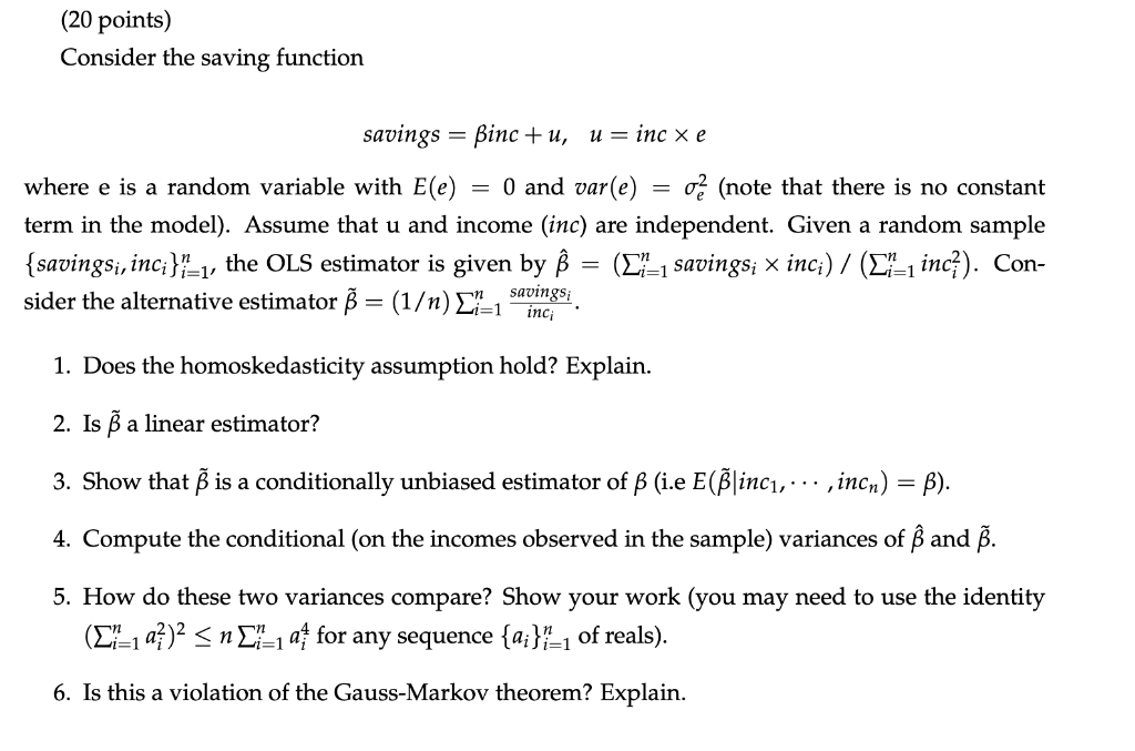 Solved (20 points) Consider the saving function savings =β | Chegg.com