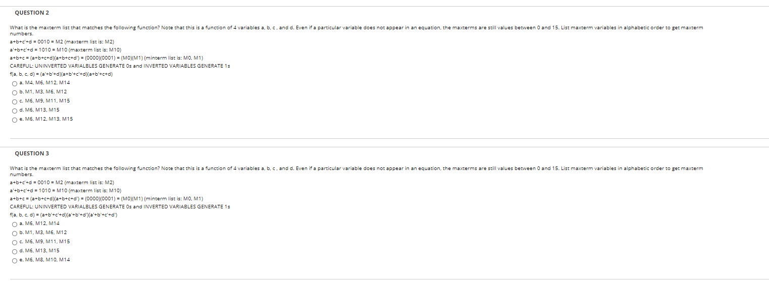 Solved QUESTION 2 What is the maxterm list that matches the | Chegg.com