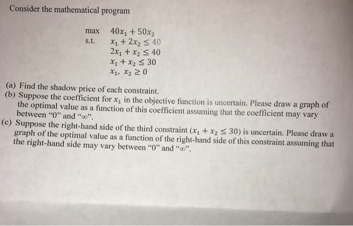 Solved Consider the mathematical program max 40x1 +50x2 s.t. | Chegg.com