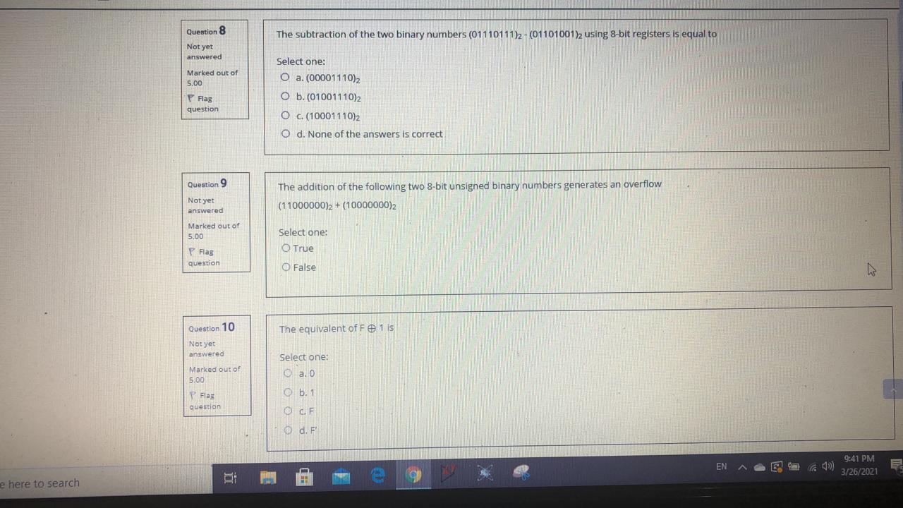 Solved Question 8 The subtraction of the two binary numbers | Chegg.com