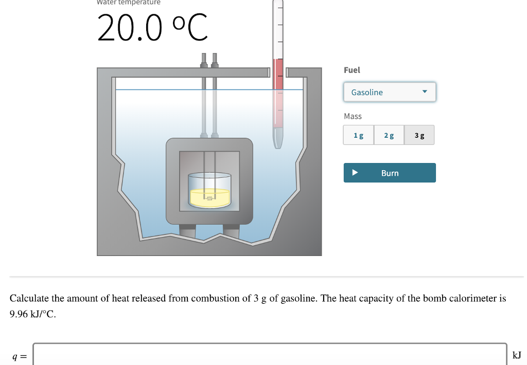 Solved Water temperature 20.0 oC Fuel Gasoline Mass 1g 28 3g | Chegg.com