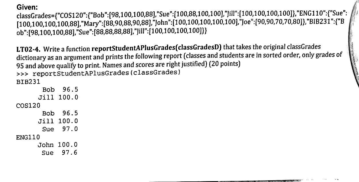 Solved Given: classGrades={"COS120":{"Bob":[98,100,100,88), | Chegg.com