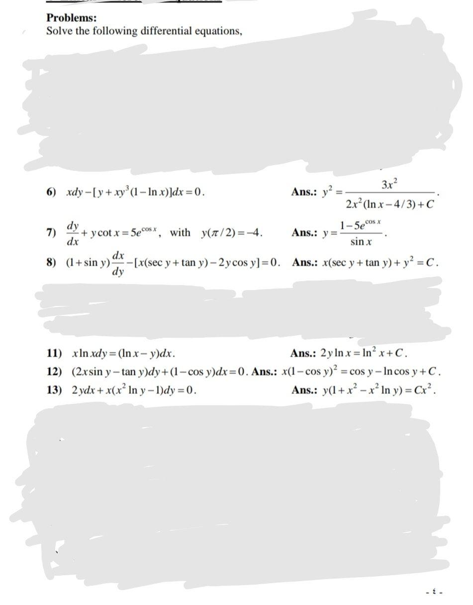 Solved Problems: Solve the following differential equations, | Chegg.com