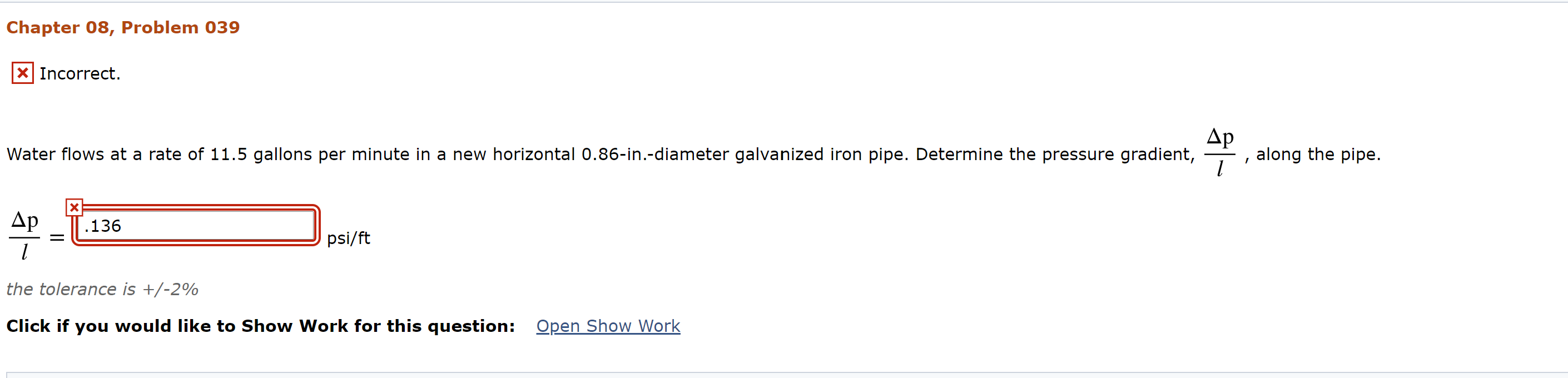 Solved Chapter 08, Problem 039 X Incorrect. Ap Water flows | Chegg.com