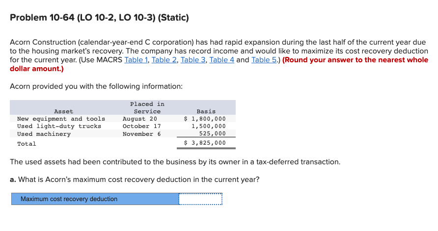 Solved Problem 10-64 (LO 10-2, LO 10-3) (Static) Acorn | Chegg.com