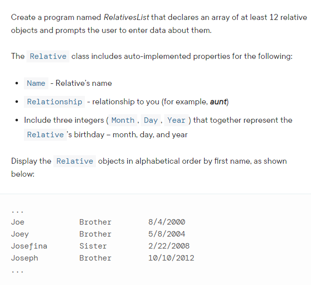 Solved Create A Program Named Relativeslist That Declares An 