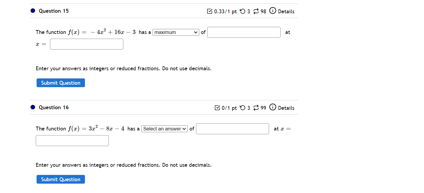 Solved Question 15 0.33/1 pt 5398 Details The function f(2) | Chegg.com