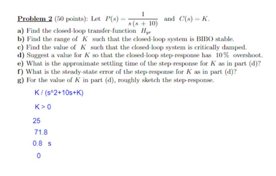 Solved Problem 2(50 points ): Let P(s)=s(s+10)1 and C(s)=K. | Chegg.com
