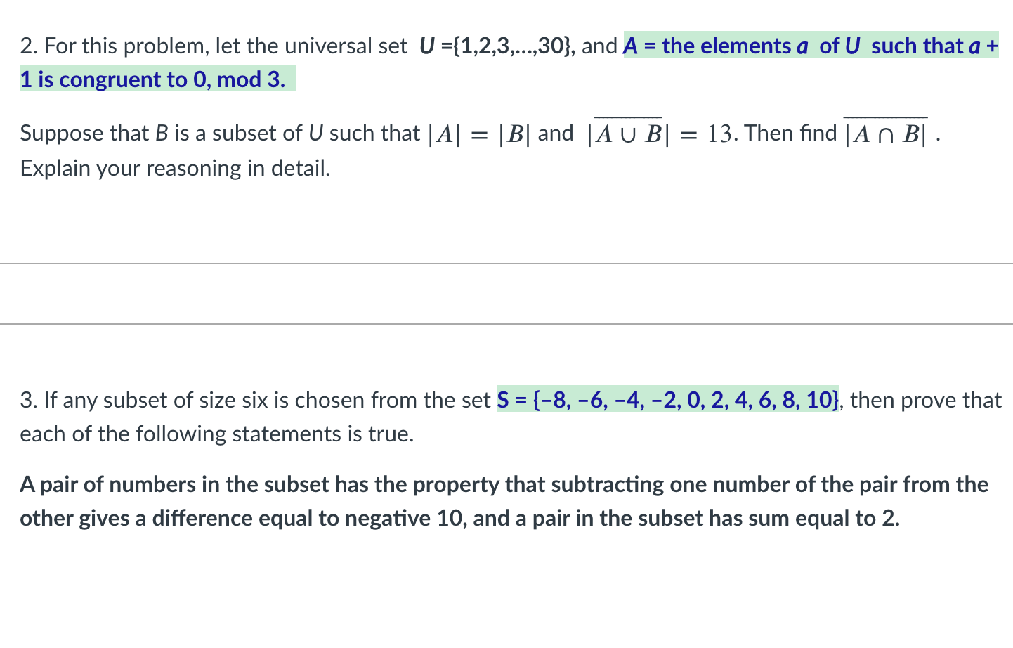 Solved 2. For this problem, let the universal set U | Chegg.com
