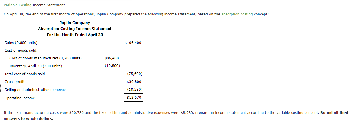 Solved Variable Costing Income Statement On April 30 The