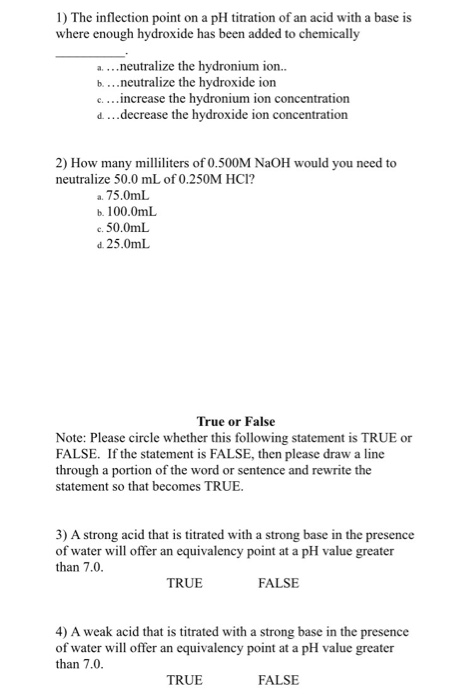 Solved The inflection point on a pH titration of an acid | Chegg.com