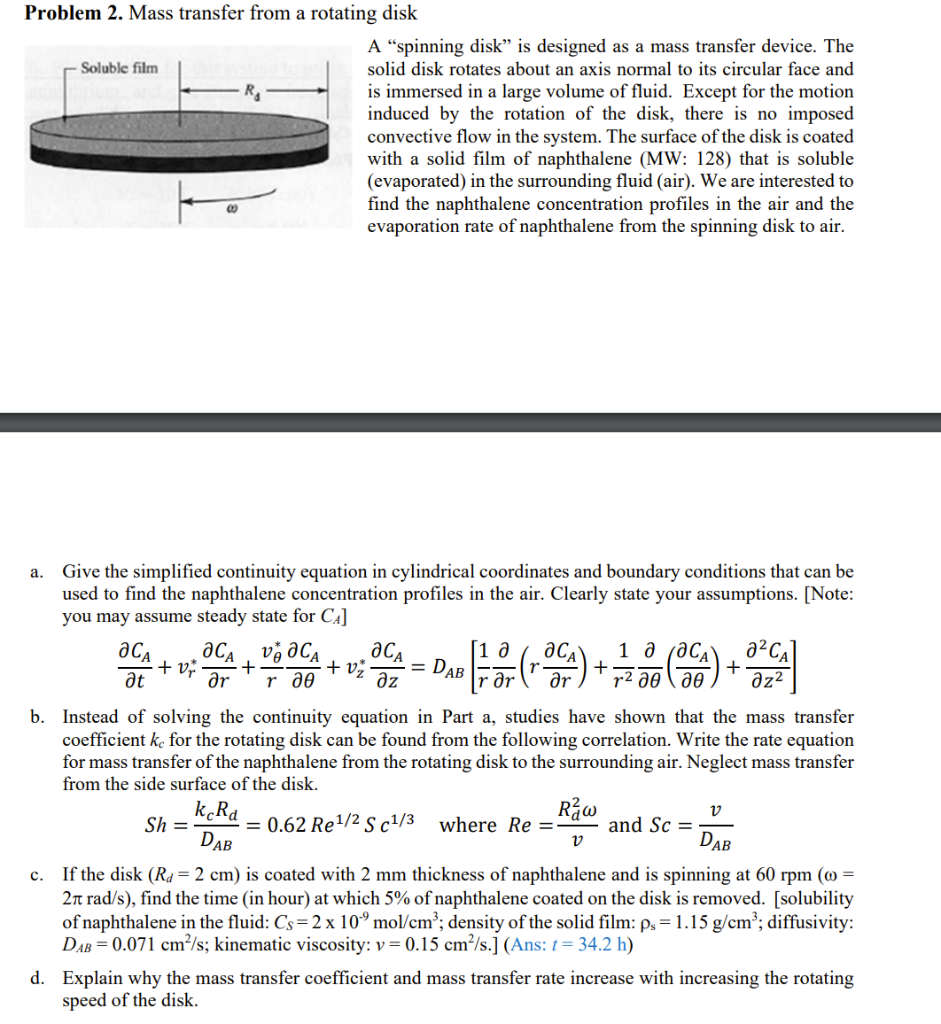 Problem 2. Mass transfer from a rotating disk A | Chegg.com