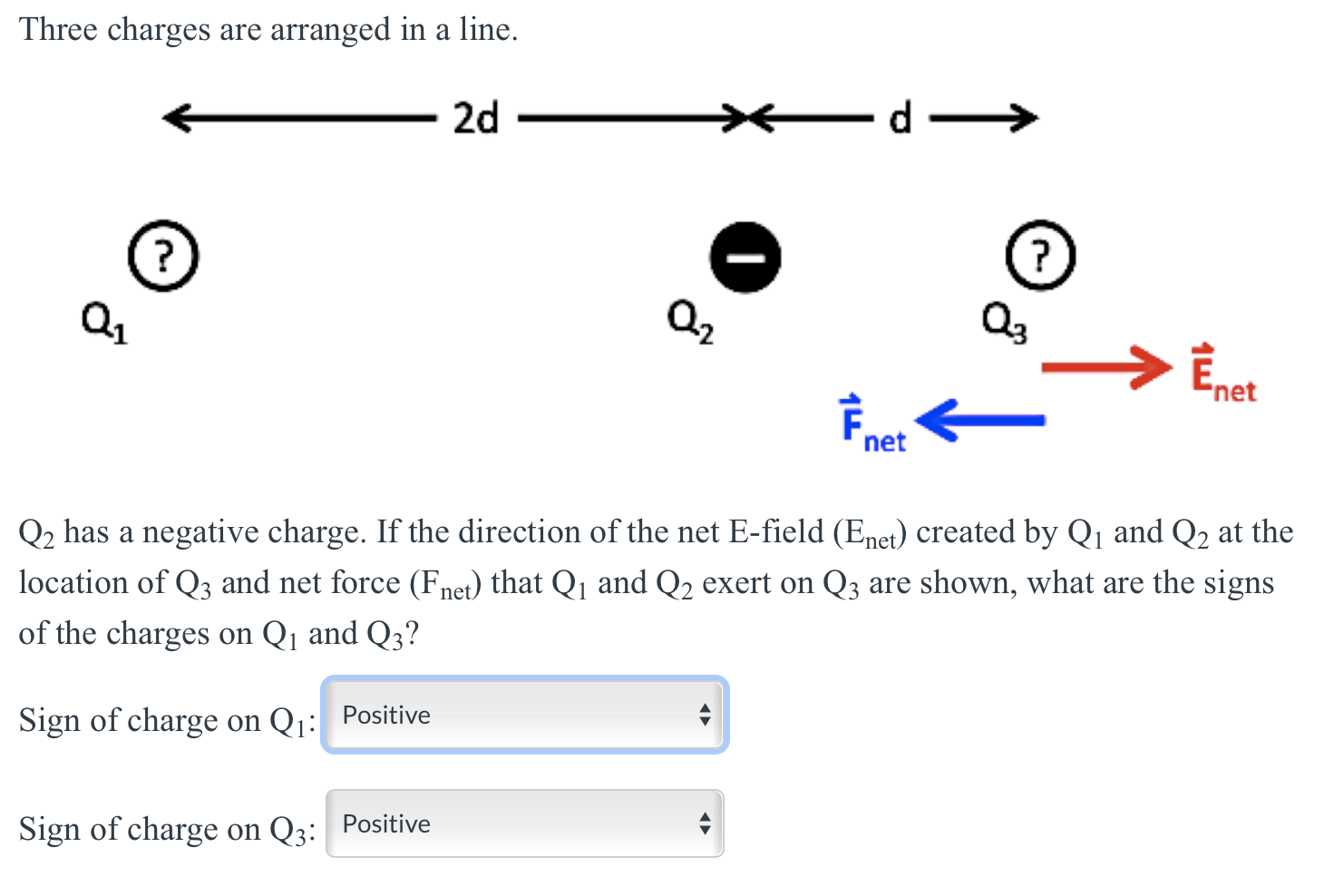 Solved Three charges are arranged in a line. 2d d- net net | Chegg.com
