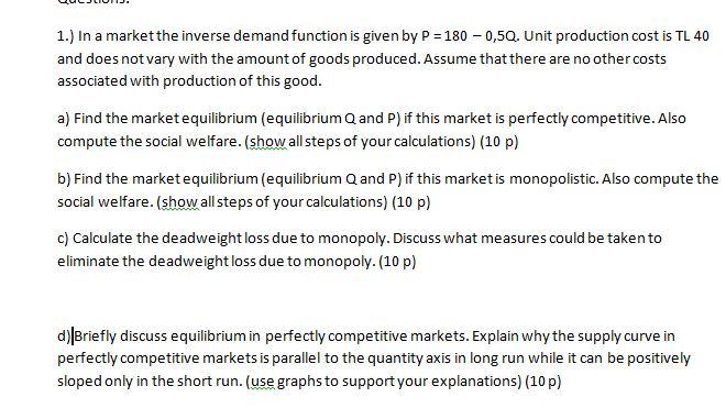 Solved 1.) In a market the inverse demand function is given | Chegg.com