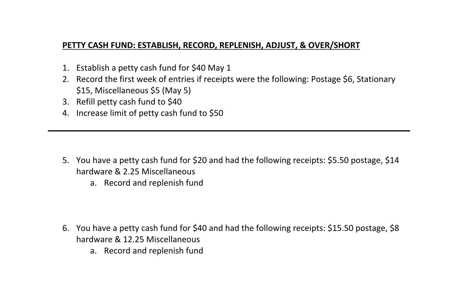Solved PETTY CASH FUND: ESTABLISH, RECORD, REPLENISH, | Chegg.com
