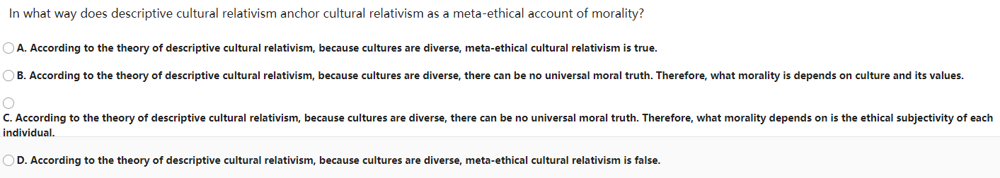 Solved In What Way Does Descriptive Cultural Relativism Chegg