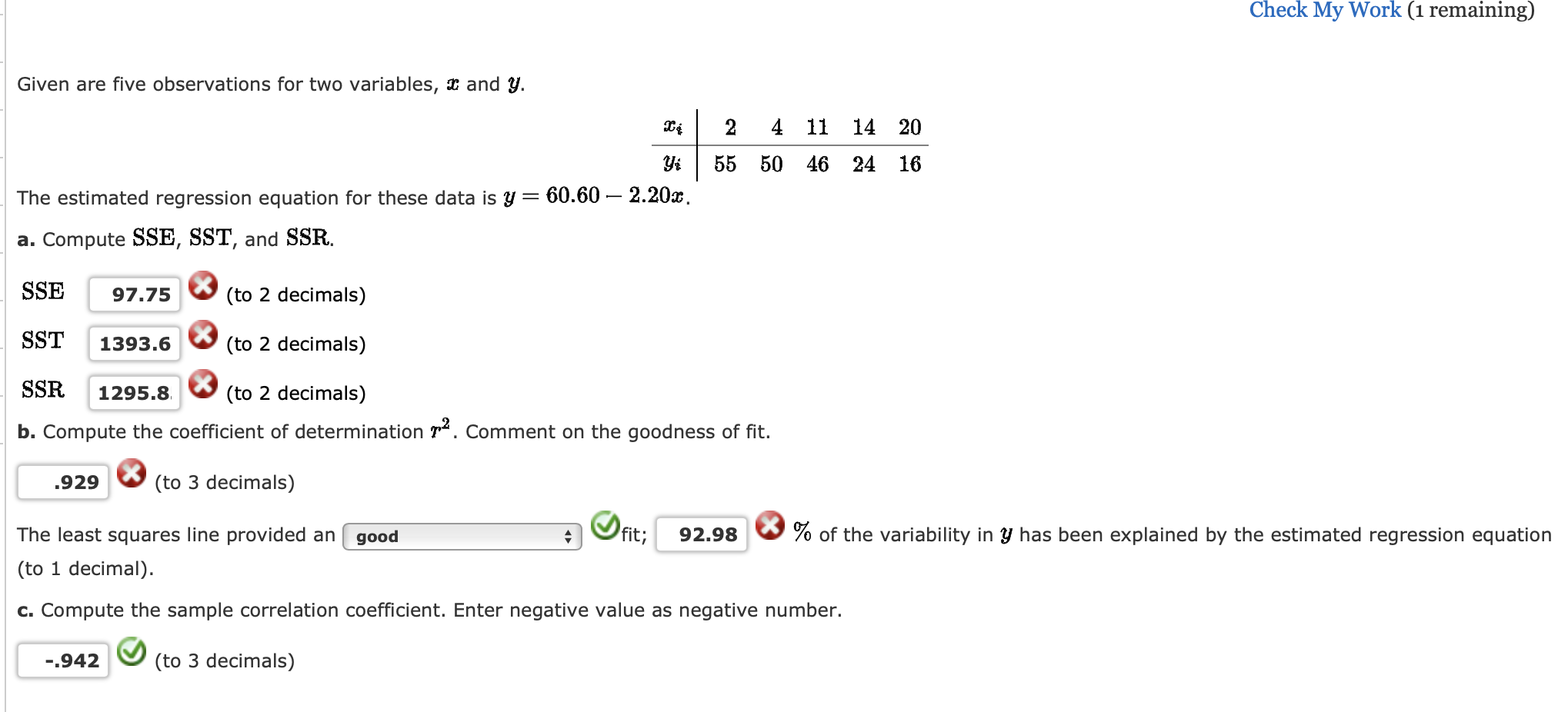 Solved Check My Work (1 remaining) Given are five | Chegg.com