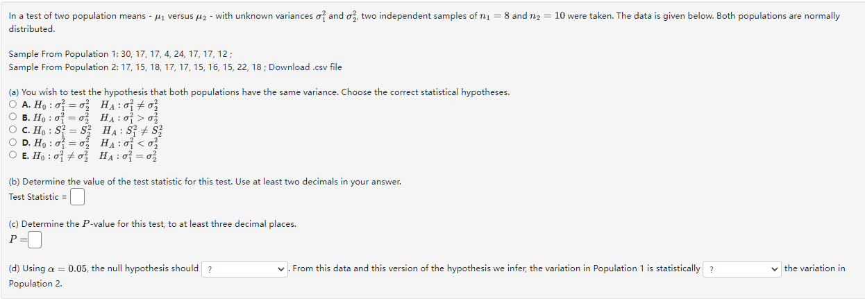 Solved distributed. Sample From Population 1: 30, 17, 17, 4, | Chegg.com