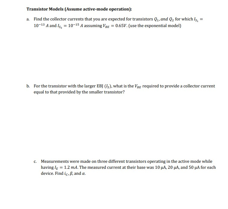 Solved Transistor Models (Assume active-mode operation): a. | Chegg.com