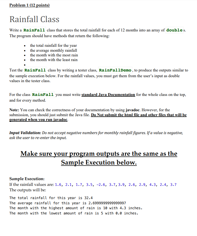 Solved Problem 1 12 Points Rainfall Class Write A Rainfall 