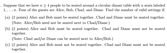 Solved Suppose that we have n 4 people to be seated around a | Chegg.com
