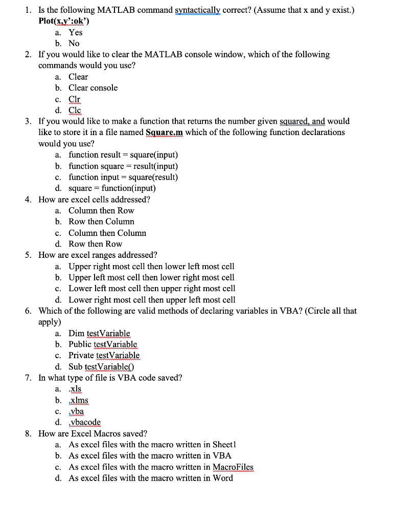 Solved 1 Is The Following Matlab Command Syntactically 