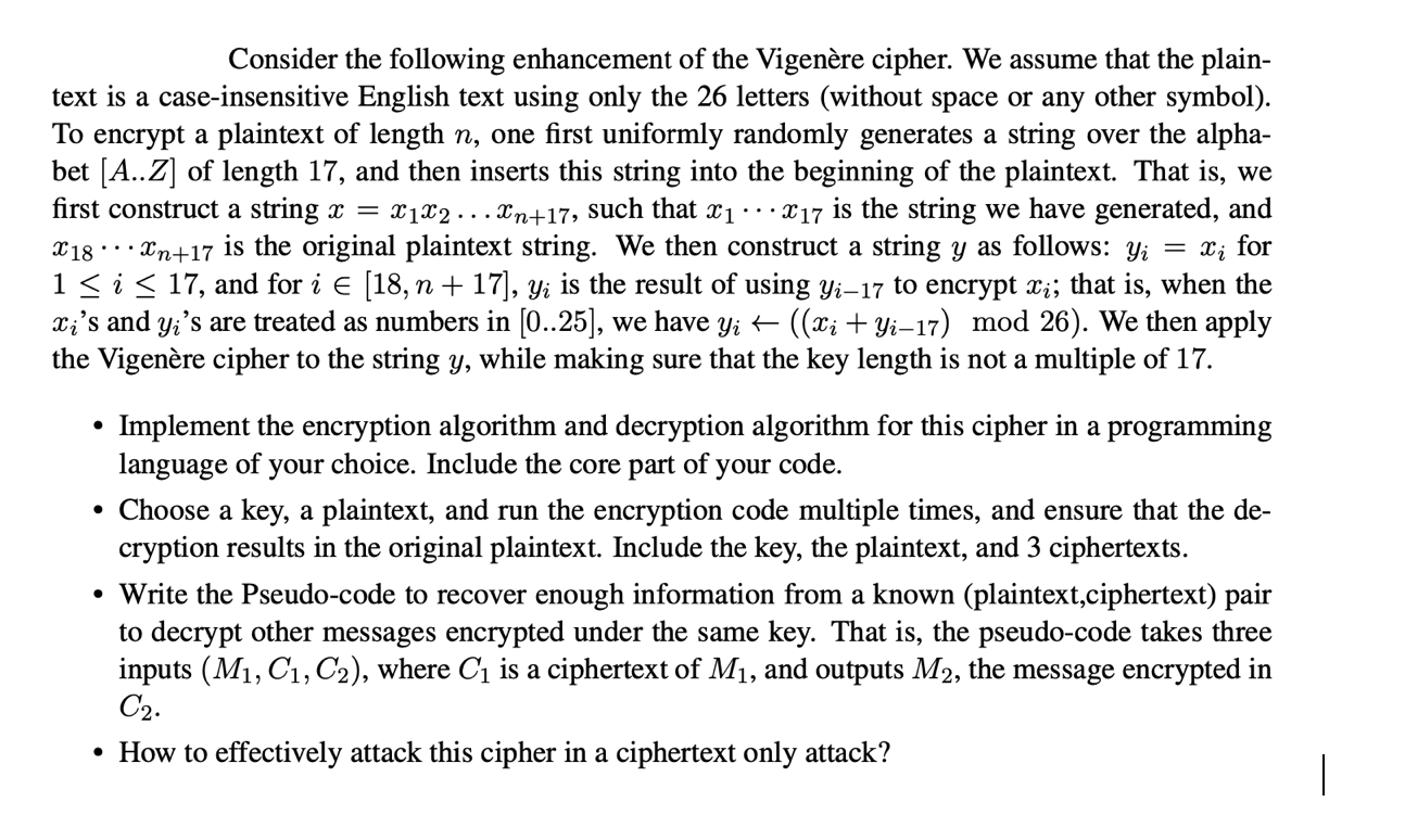 Consider the following enhancement of the Vigenère | Chegg.com