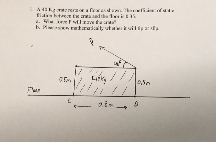 Solved 1. A 40 Kg crate rests on a floor as shown. The | Chegg.com