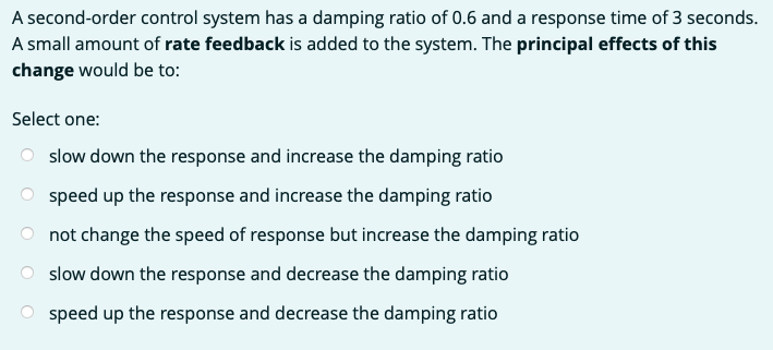 Solved A second-order control system has a damping ratio of | Chegg.com