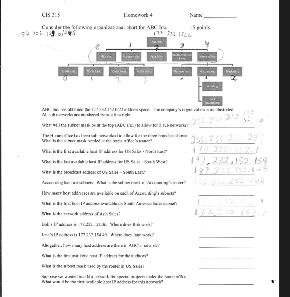Solved CIS 315 Homework 4 Name Consider the following | Chegg.com
