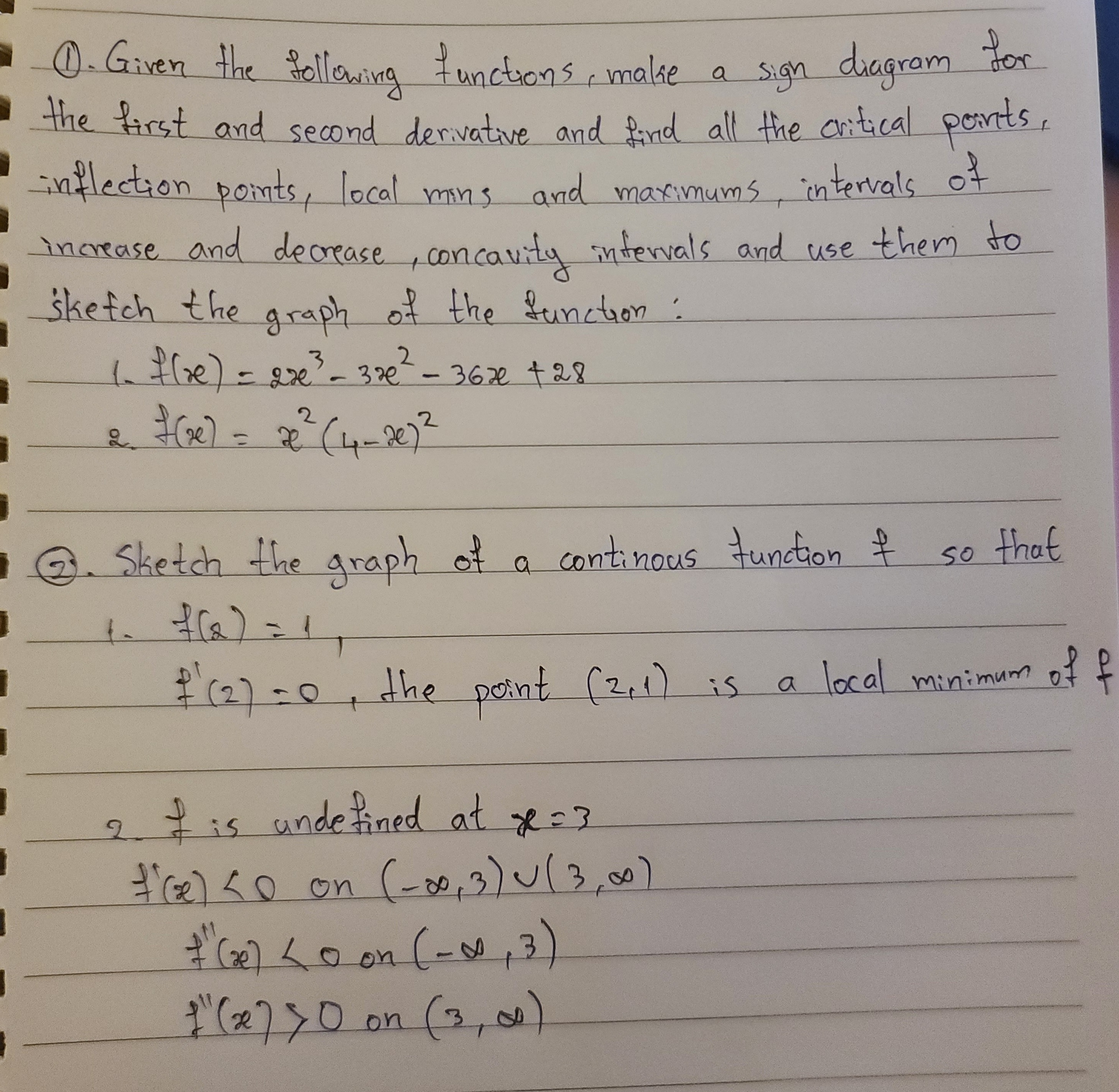 Solved •O. Given the following functions, make a sign | Chegg.com