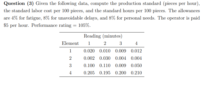 Solved Question (3) ﻿Given the following data, compute the | Chegg.com