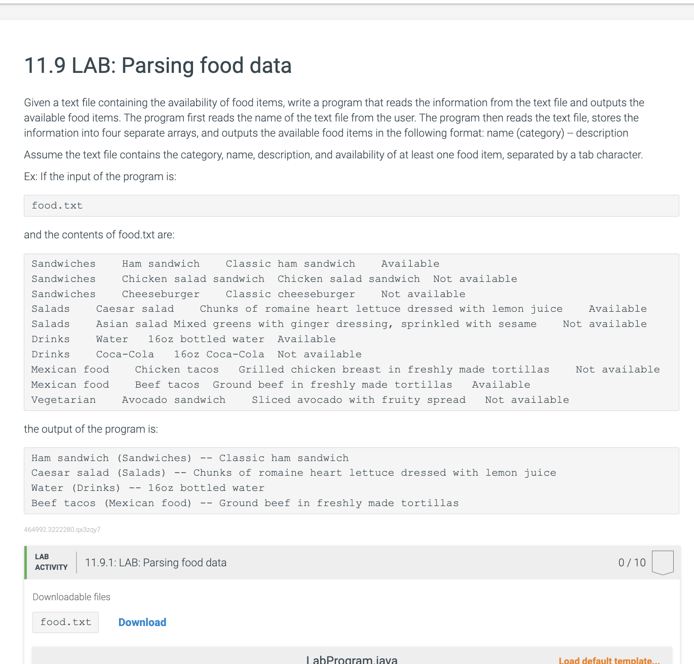 Solved 11.9 LAB: Parsing food data Given a text file | Chegg.com Solved 11.9 LAB: Parsing food data Given a text file | Chegg.com
