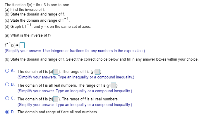 Solved The function f(x)= 6x + 3 is one-to-one. (a) Find the | Chegg.com