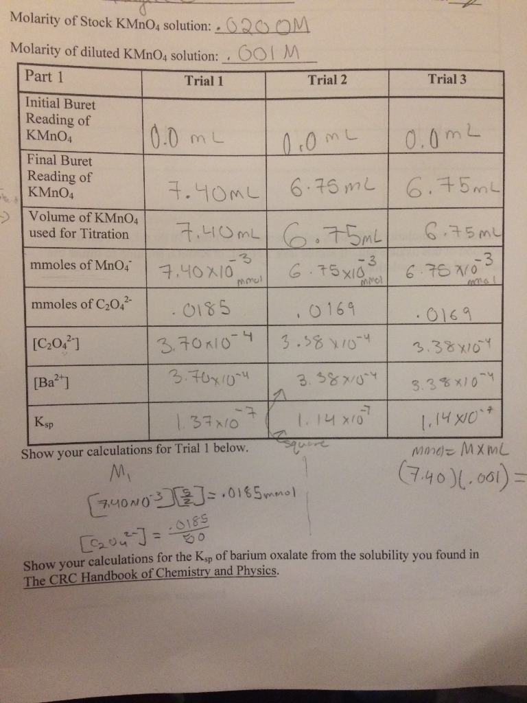 Solved can someone help me find the molarity of the KMnO4 | Chegg.com