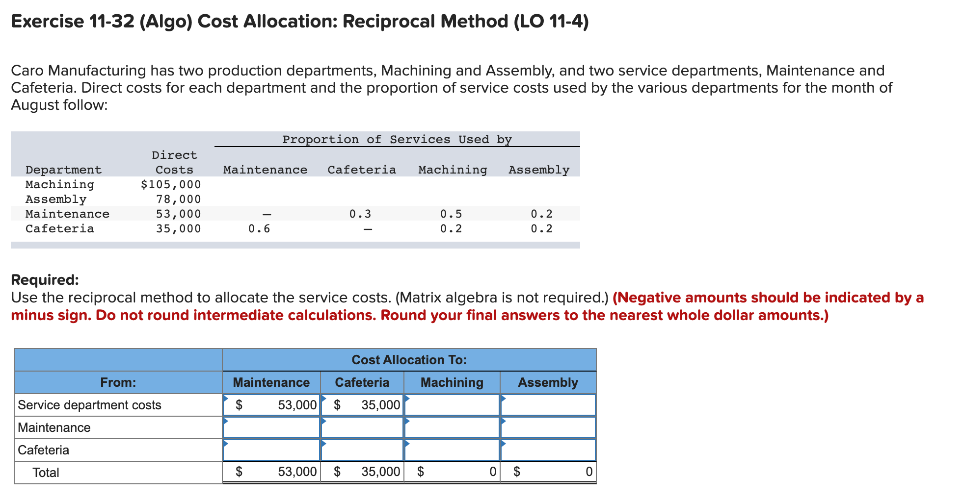 Solved Exercise 11-32 (Algo) Cost Allocation: Reciprocal | Chegg.com