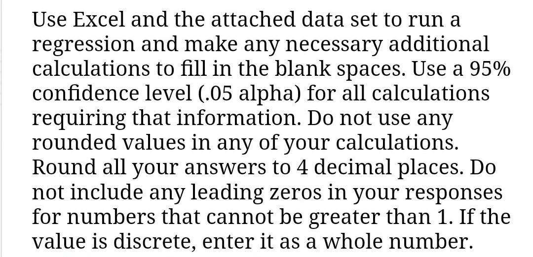 Solved Use Excel And The Attached Data Set To Run A 0887