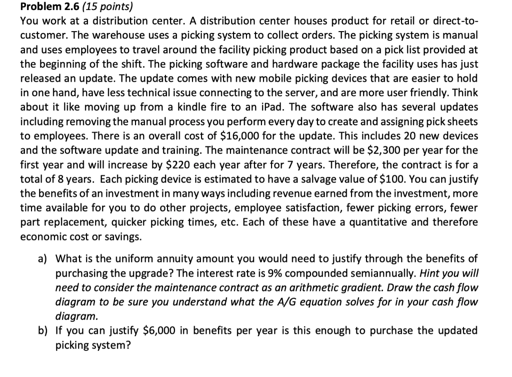 Problem 2.6 (15 points) You work at a distribution | Chegg.com