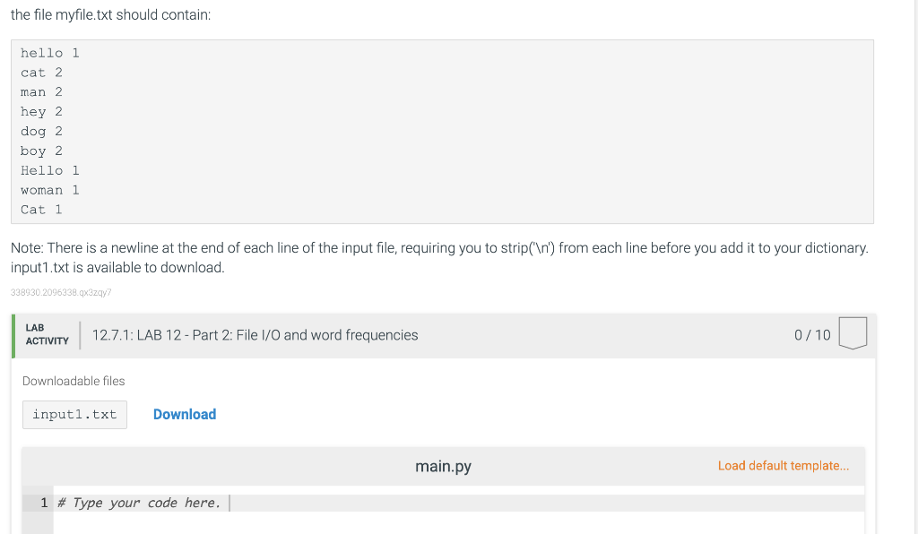 Solved 12.7 LAB 12 - Part 2: File I/O and word frequencies | Chegg.com
