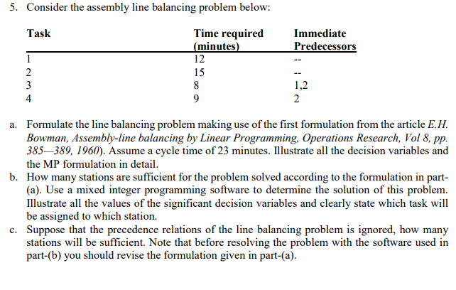 Solved 5. Consider the assembly line balancing problem | Chegg.com