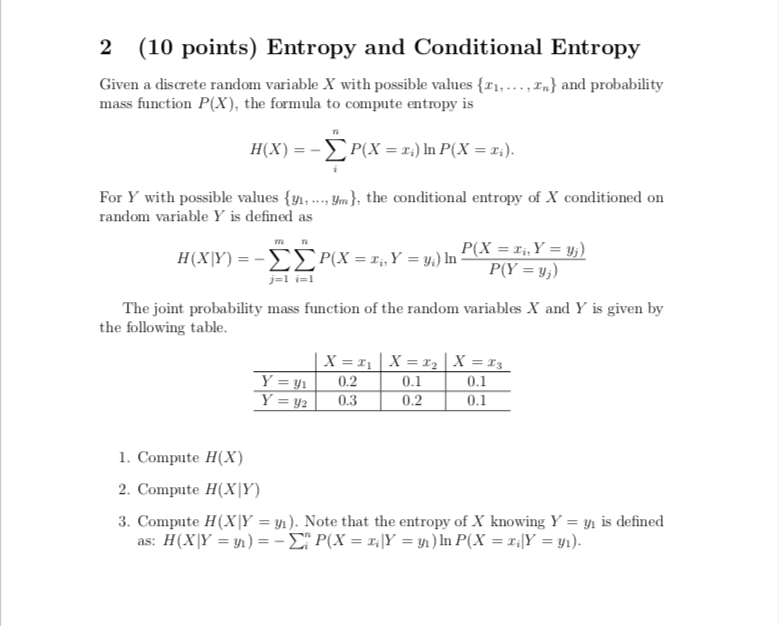 Solved 2 10 Points Entropy And Conditional Entropy Given A