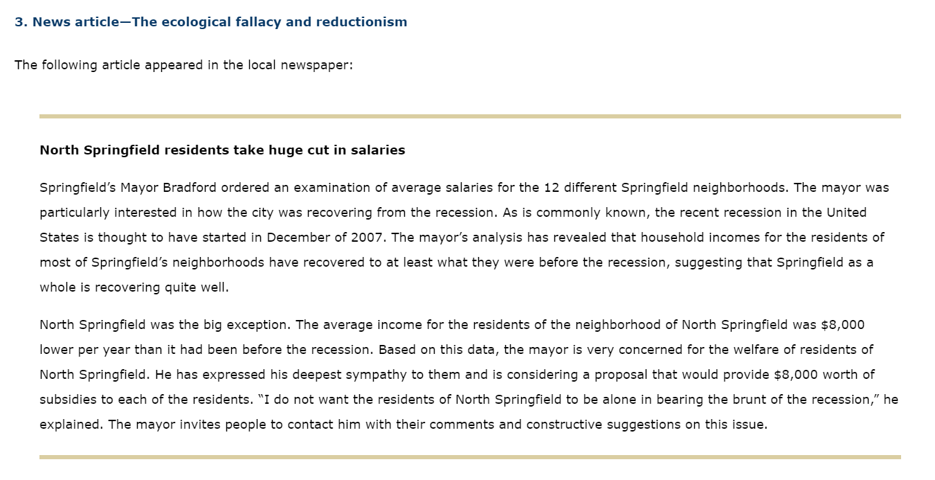 Solved 3. News article-The ecological fallacy and | Chegg.com