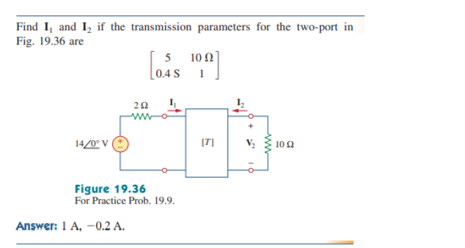 Solved Find I1 and I2 if the transmission parameters for the | Chegg.com