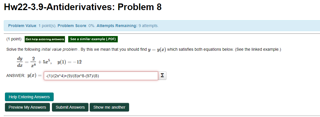 Solved Hw22-3.9-Antiderivatives: Problem 8 Problem Value: 1 | Chegg.com