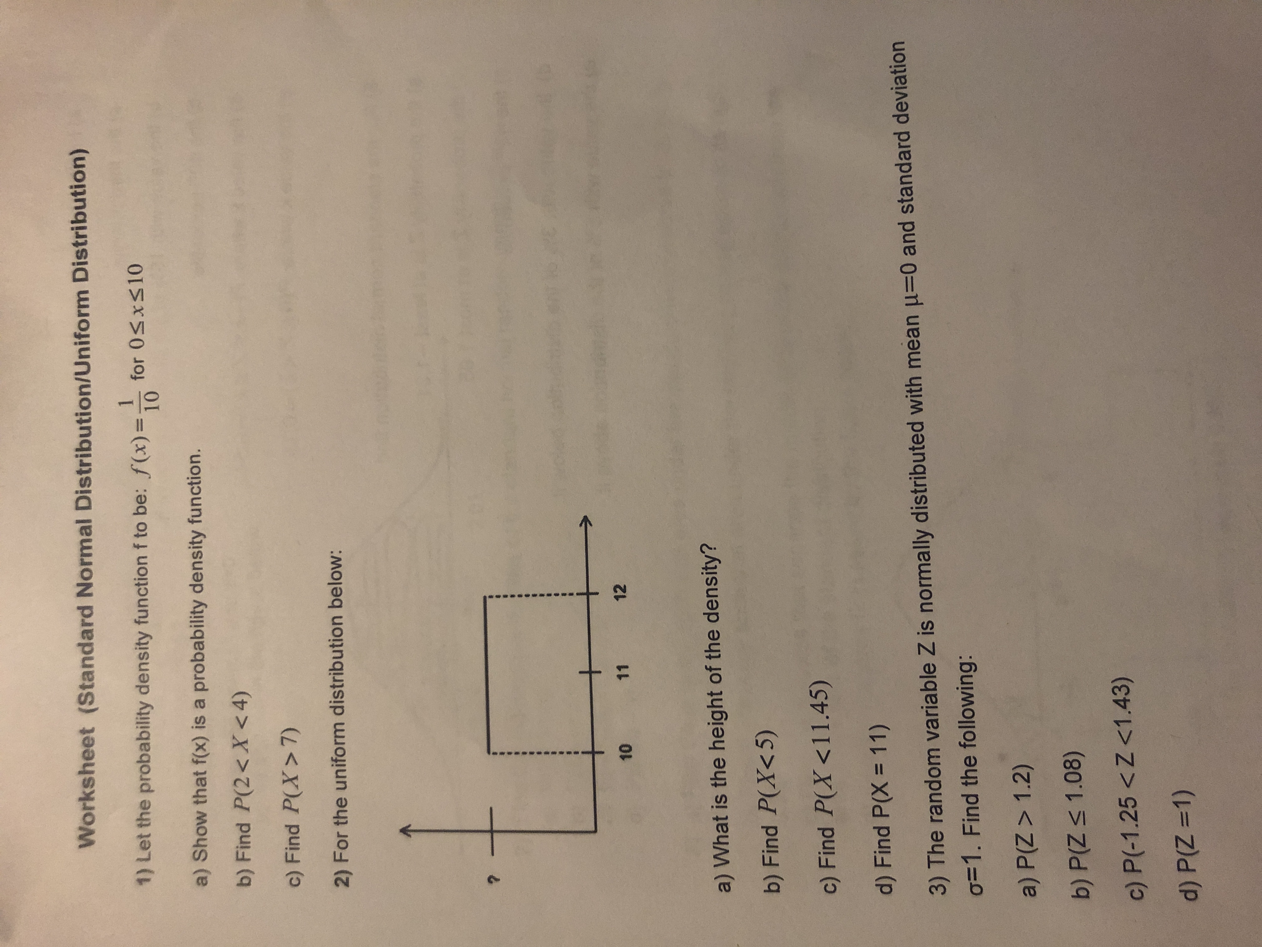 Solved Worksheet (Standard Normal Distribution/Uniform | Chegg.com