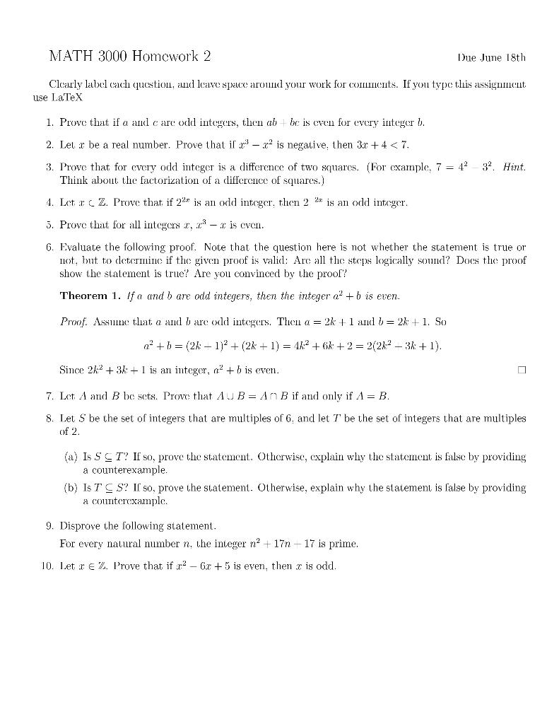 Solved MATH 3000 Homework 2 Due June 18th Clearly label cach | Chegg.com