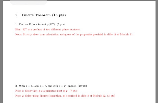 Solved Euler's Theorem (15 pts) 2 1. Find an Euler's totient | Chegg.com