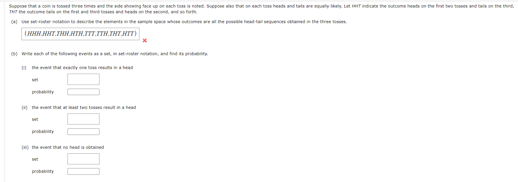 Solved Suppose that a coin is tossed three times and the | Chegg.com
