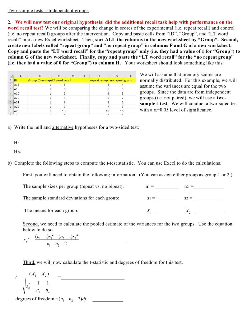 In order to do the two sample hypothesis tests in | Chegg.com