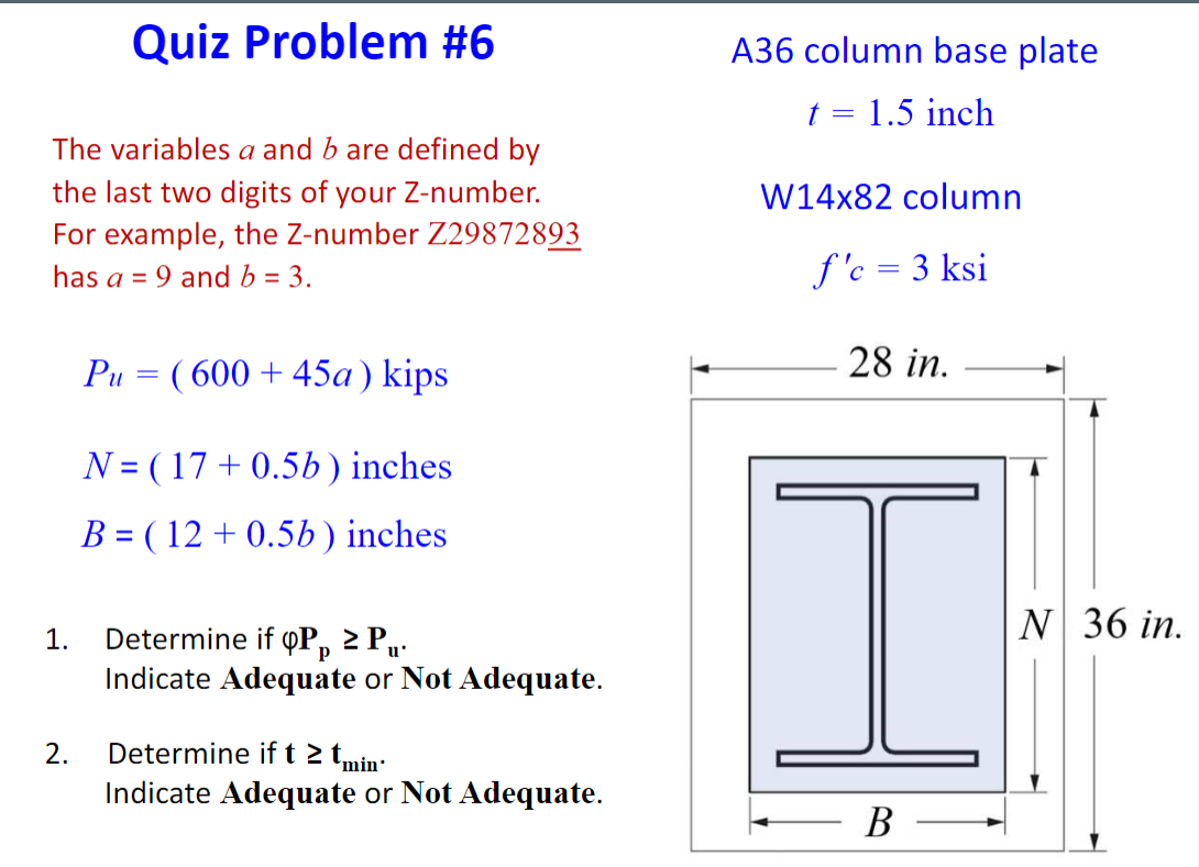 Solved Quiz Problem \#6 A36 column base plate The variables | Chegg.com
